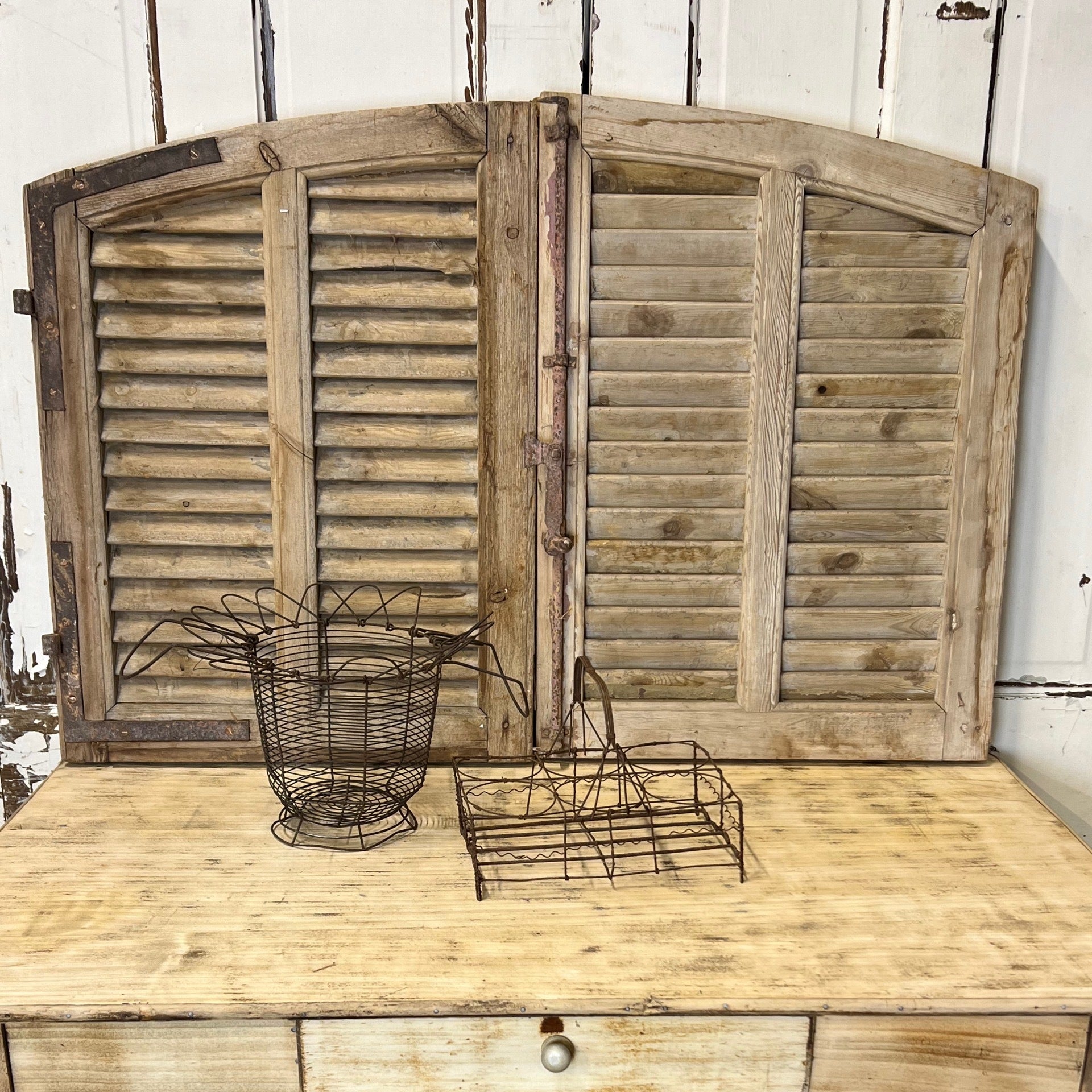 Pair of short French Shutters, stripped, louvred | Rust and Refind Antiques